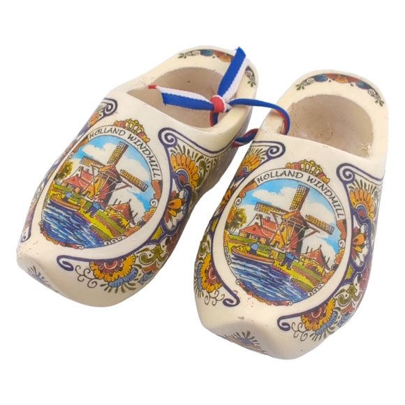 Accents | Vintage Pair Holland Dutch Wood Miniature Clogs Windmill ...